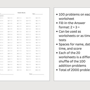 20 Addition Instant Download Printable Worksheets, First Grade ...