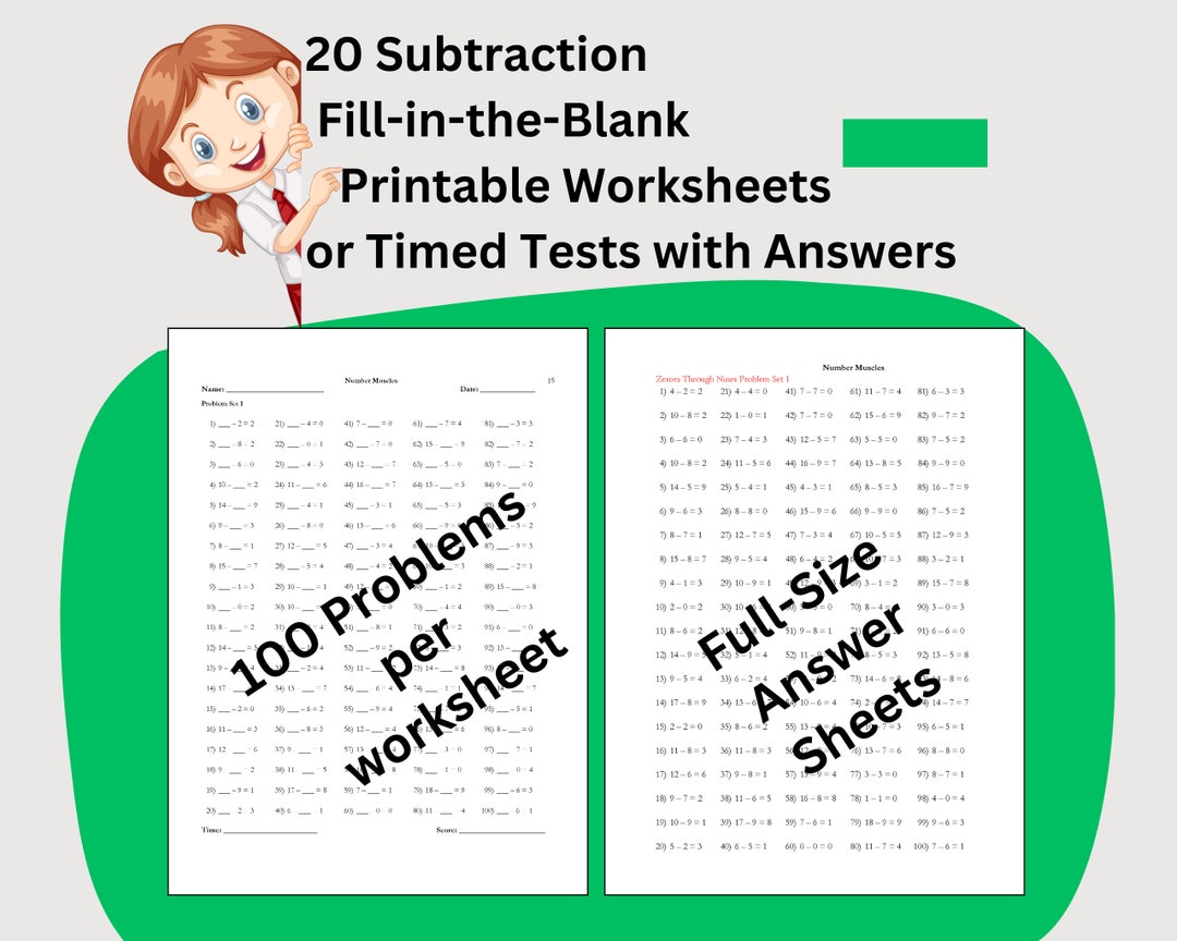 20 Subtraction Instant Download Printable Worksheets, First Grade ...