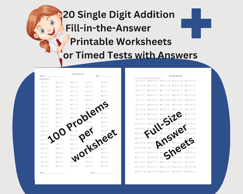 20 Addition Instant Download Printable Worksheets, First Grade ...
