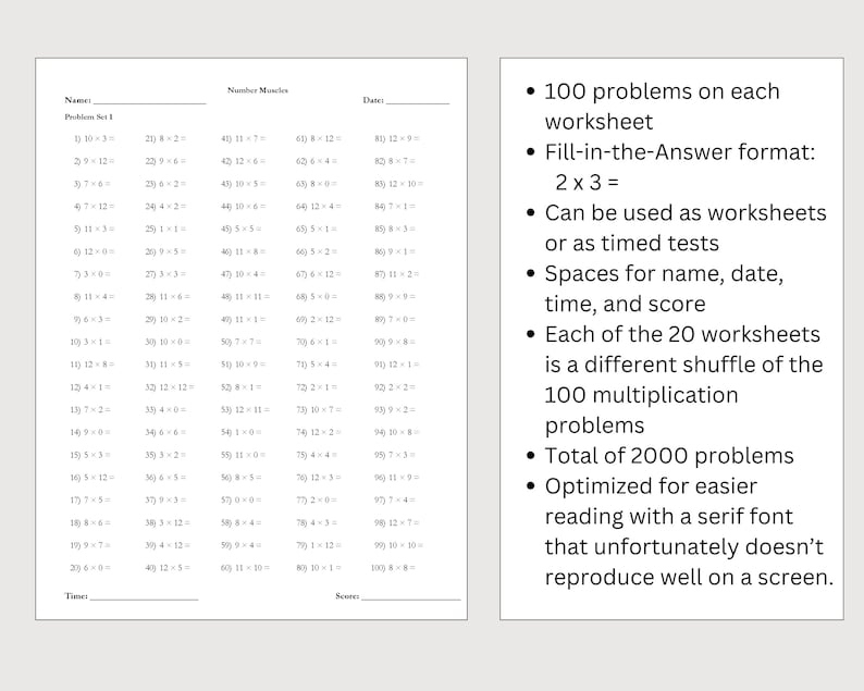 20 Multiplication Instant Download Printable Worksheets, Third Grade ...