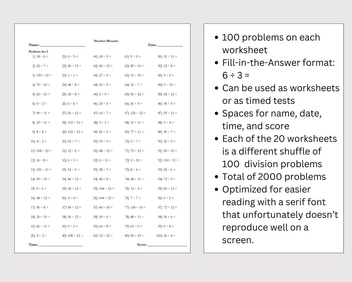 20 Division Instant Download Printable Worksheets, Third Grade Math ...
