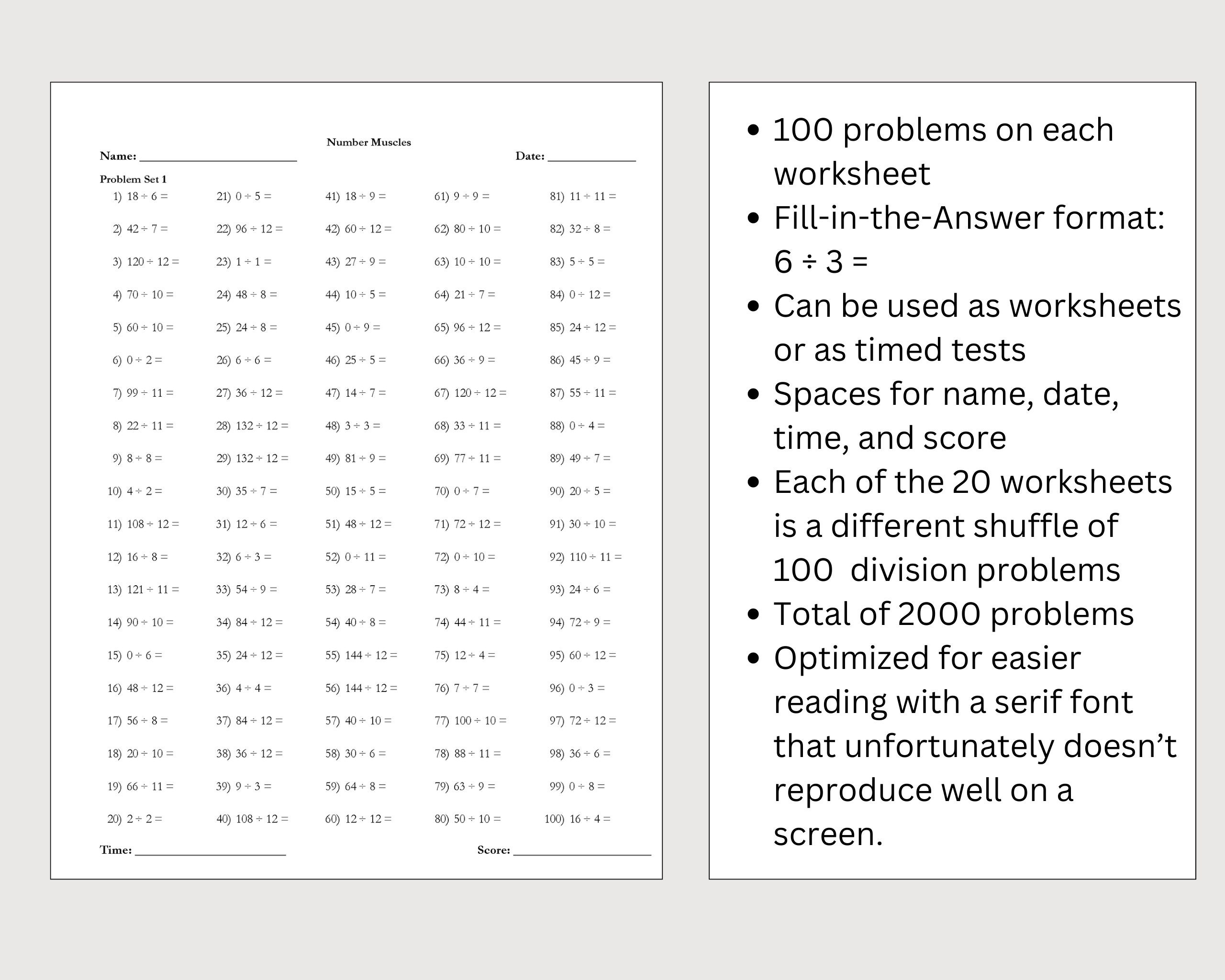 20 Division Instant Download Printable Worksheets, Third Grade Math ...