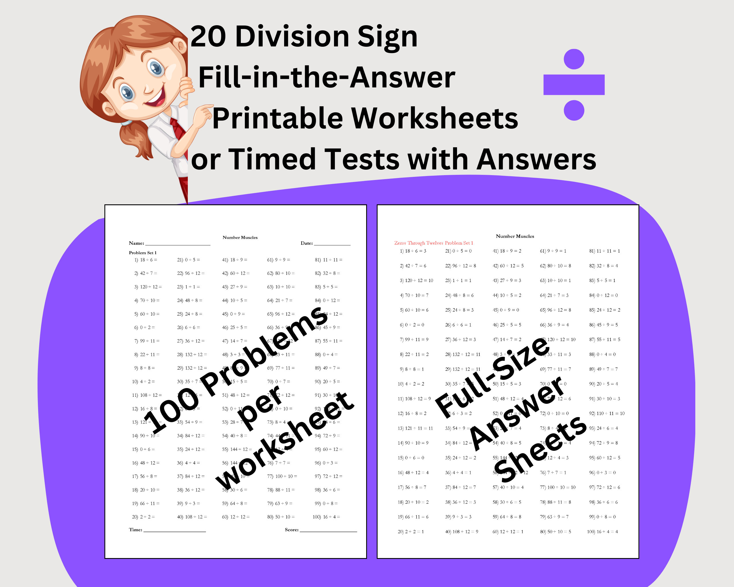 20 Division Instant Download Printable Worksheets, Third Grade Math ...