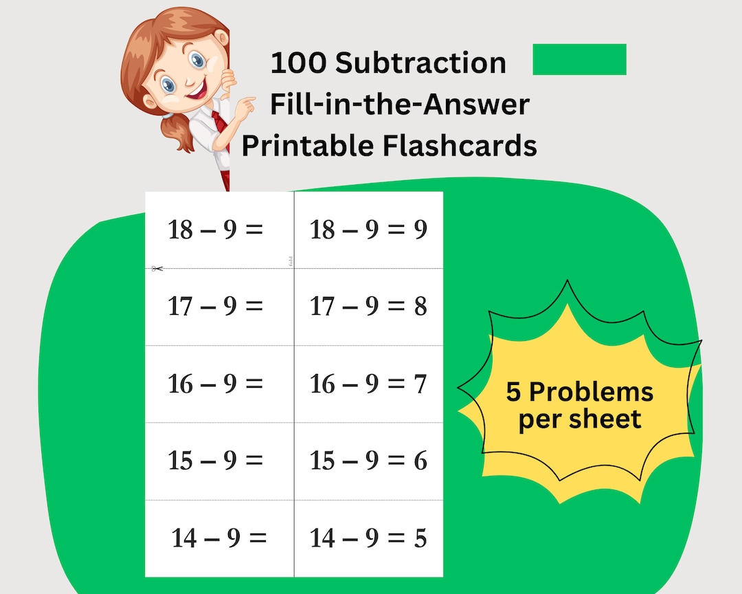 100 Subtraction Flashcards, Printable, Instant Download, First Grade ...
