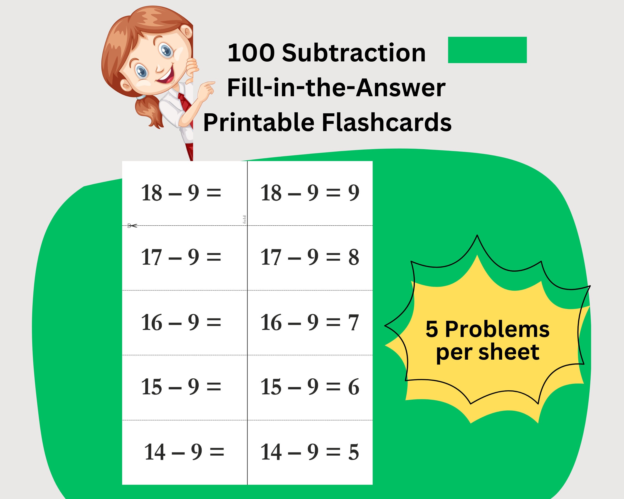 100 Subtraction Flashcards, Printable, Instant Download, First Grade ...