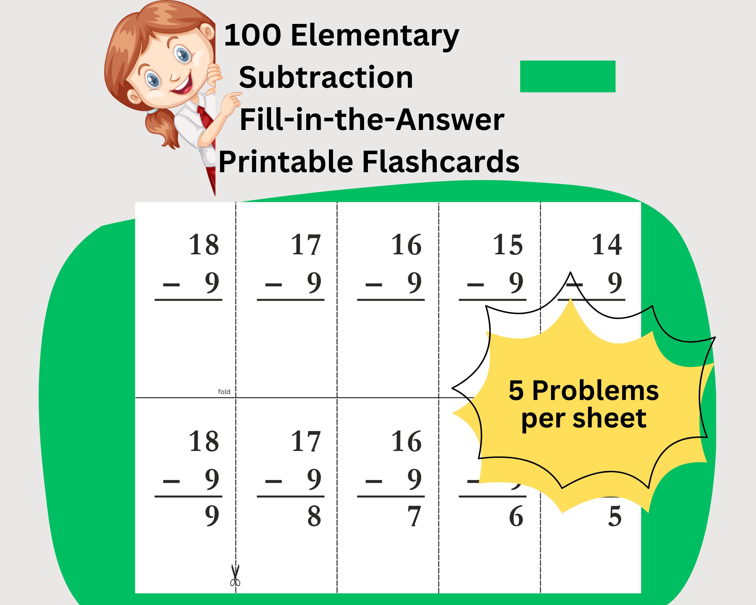 100 Subtraction Flashcards, Instant Download Math Printable, First ...