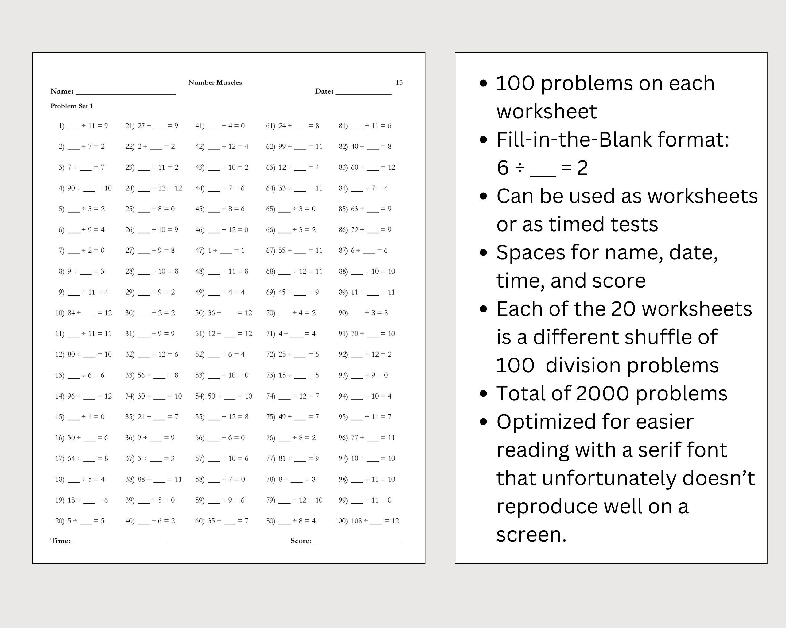 20 Division Instant Download Printable Worksheets, Third Grade Math ...