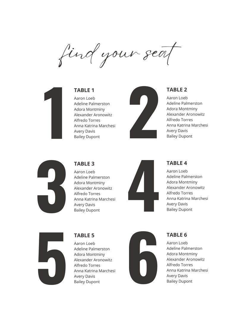 Seating Chart, Wedding Sign, Minimalist, Aesthetic, Black and White ...