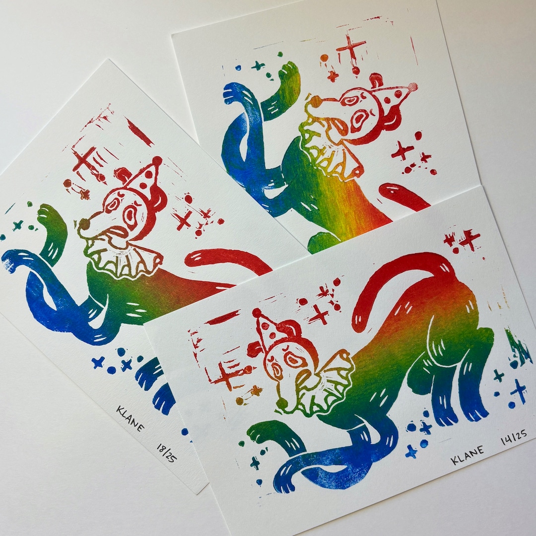 Rainbow Clown Dog Block Print - Etsy