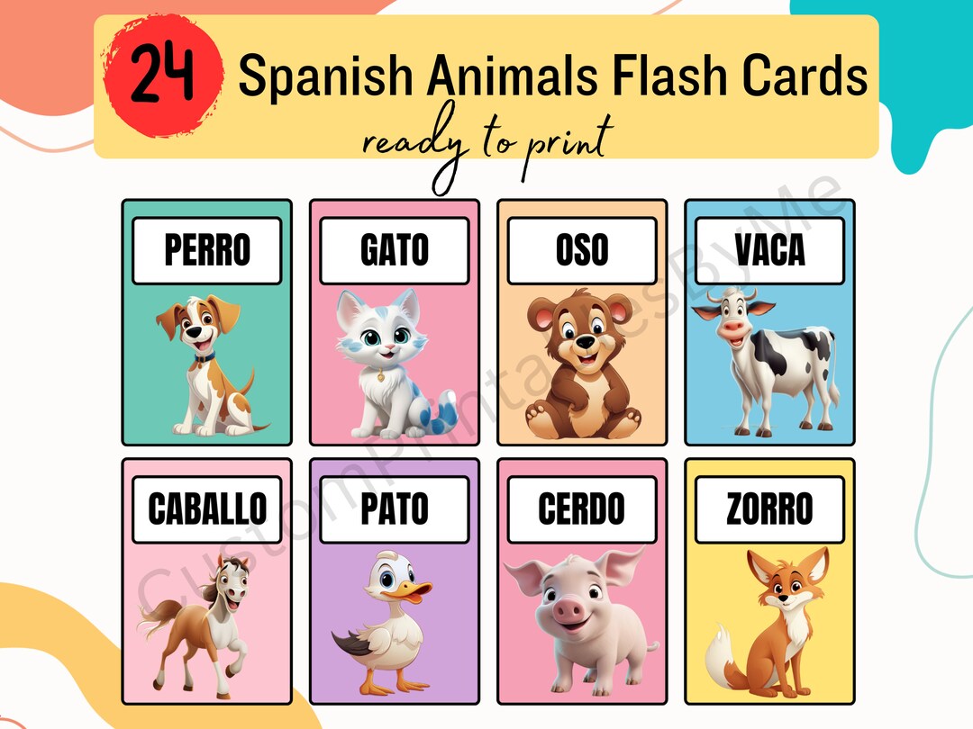 24 Spanish Animals Flash Cards Spanish Animals Printable Flash Cards ...