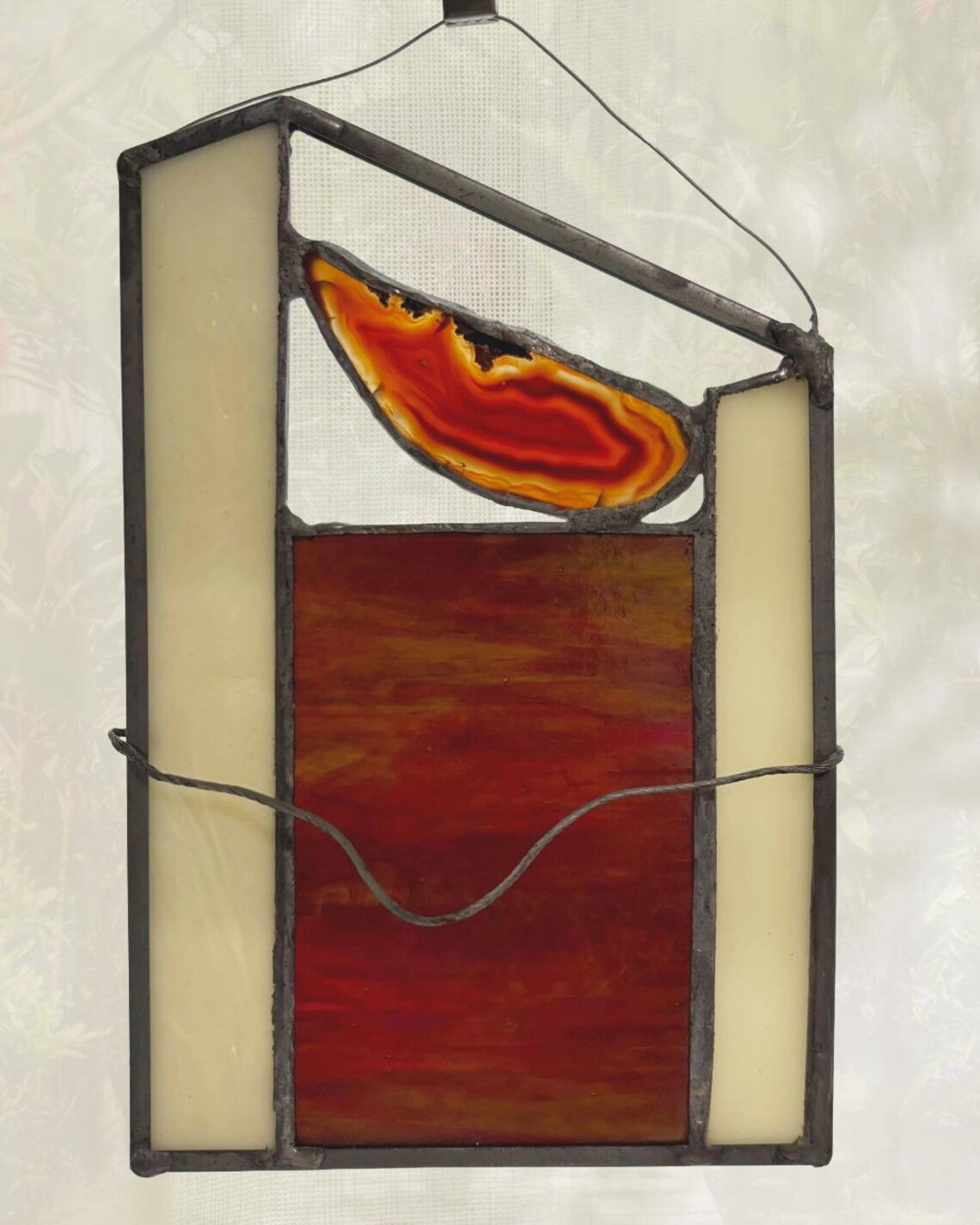 Handmade Earthy Red Stained Glass Sun Catcher With Real Geode Agate and ...