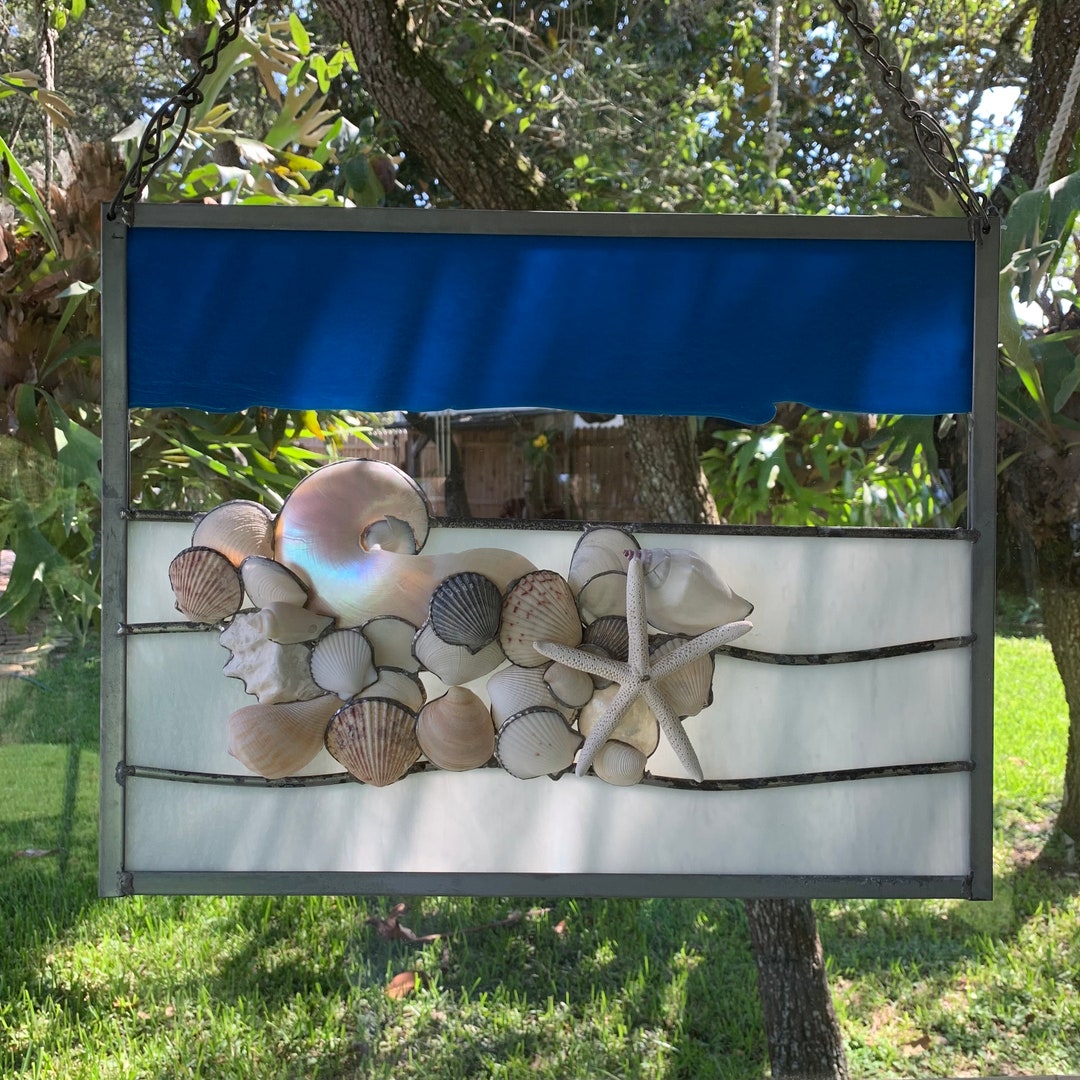 Stained Glass Panel With Real Shells and Starfish Coastal Decor - Etsy