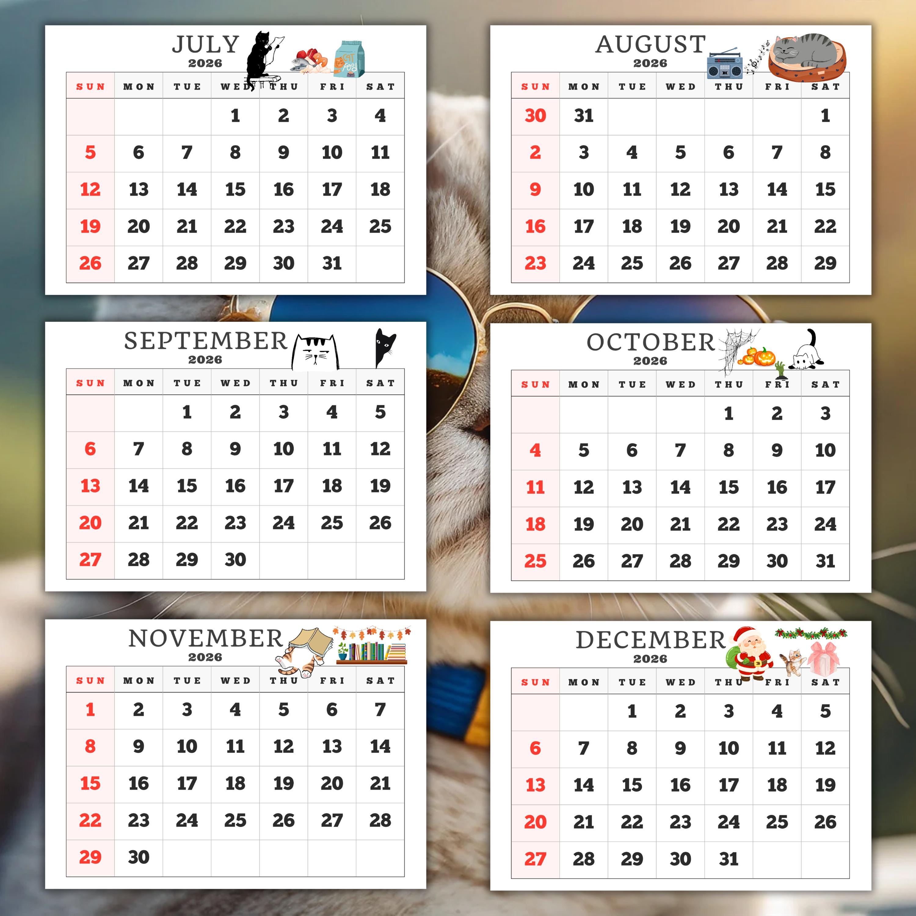Digital Printable PDF | 2026 Fur Ball Cat Monthly Calendar | Sunday and ...