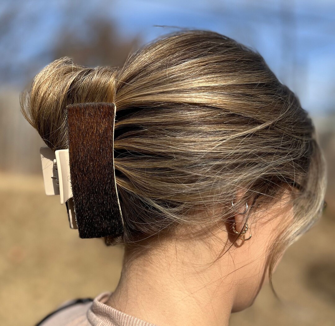 Cream and Dark Brindle Cowhide Claw Clip, Genuine Hair on Hide, Western ...