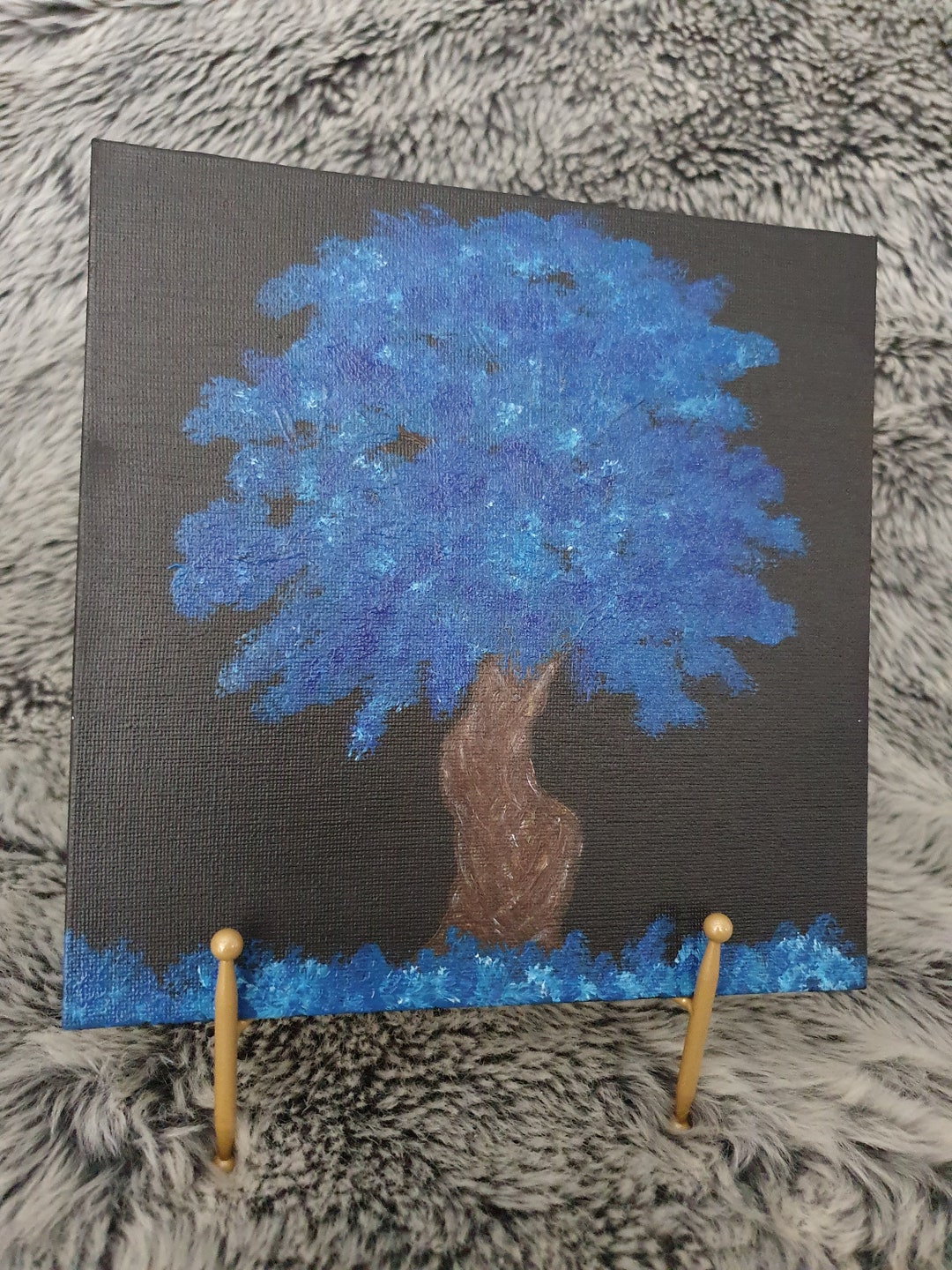 Dark Blue Tree Original Acrylic Painting on Black Canvas - Etsy