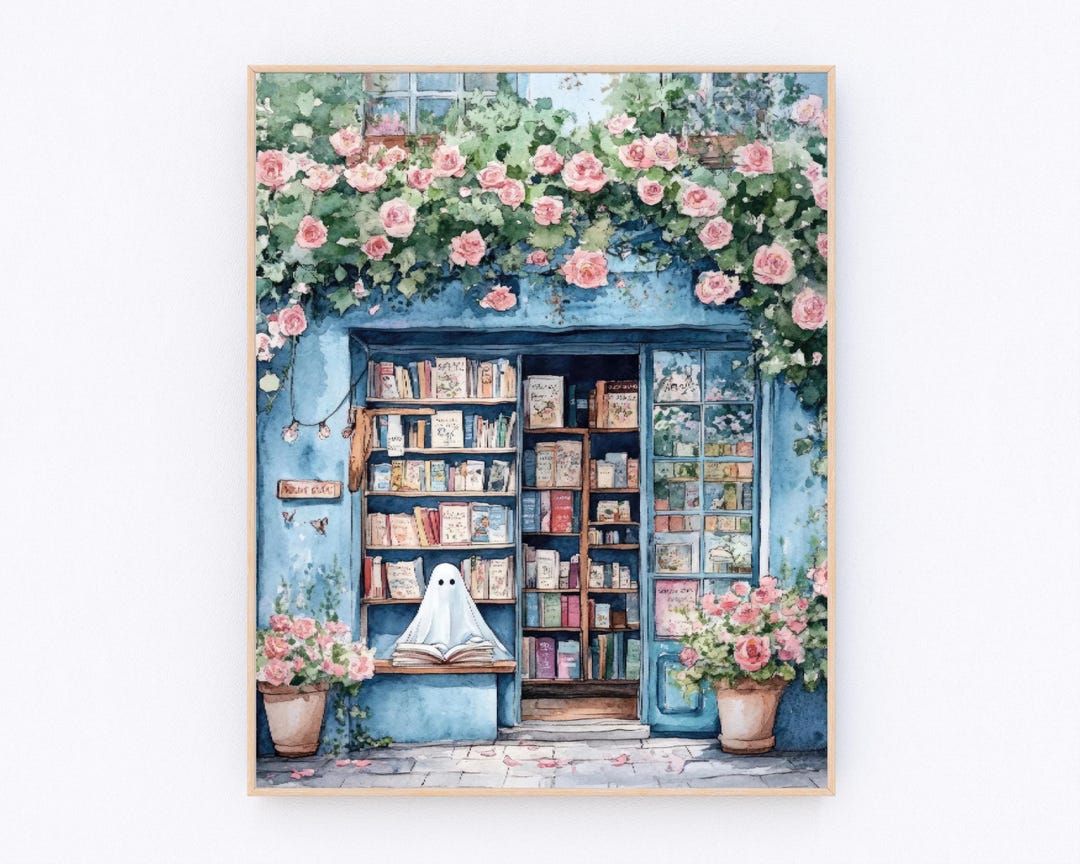 Ghost at Bookstore Poster Funny Halloween Art Reading Ghost Painting ...