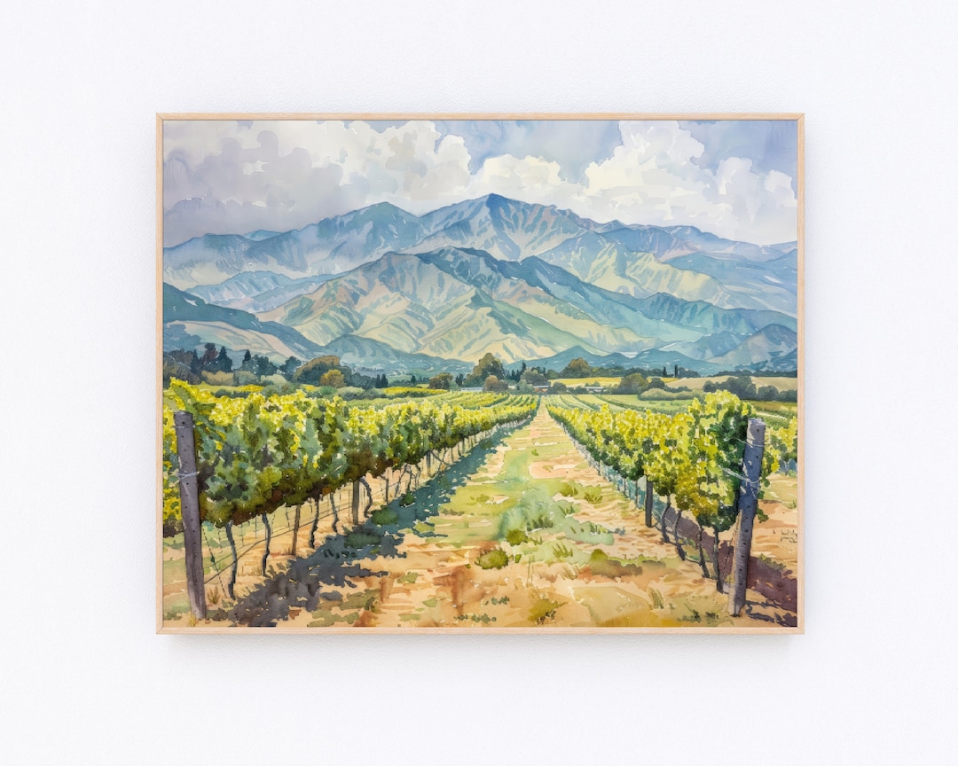 California Napa Valley Winery Watercolor Painting Vineyard Landscape ...
