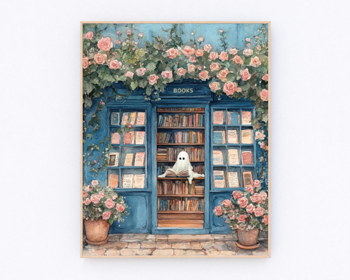 Ghost at Bookstore Poster Funny Halloween Art Reading Ghost Painting ...