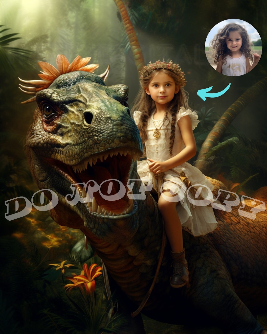 Personalized Kid Riding a Dinosaur Art Dinosaur Birthday Party Custom ...