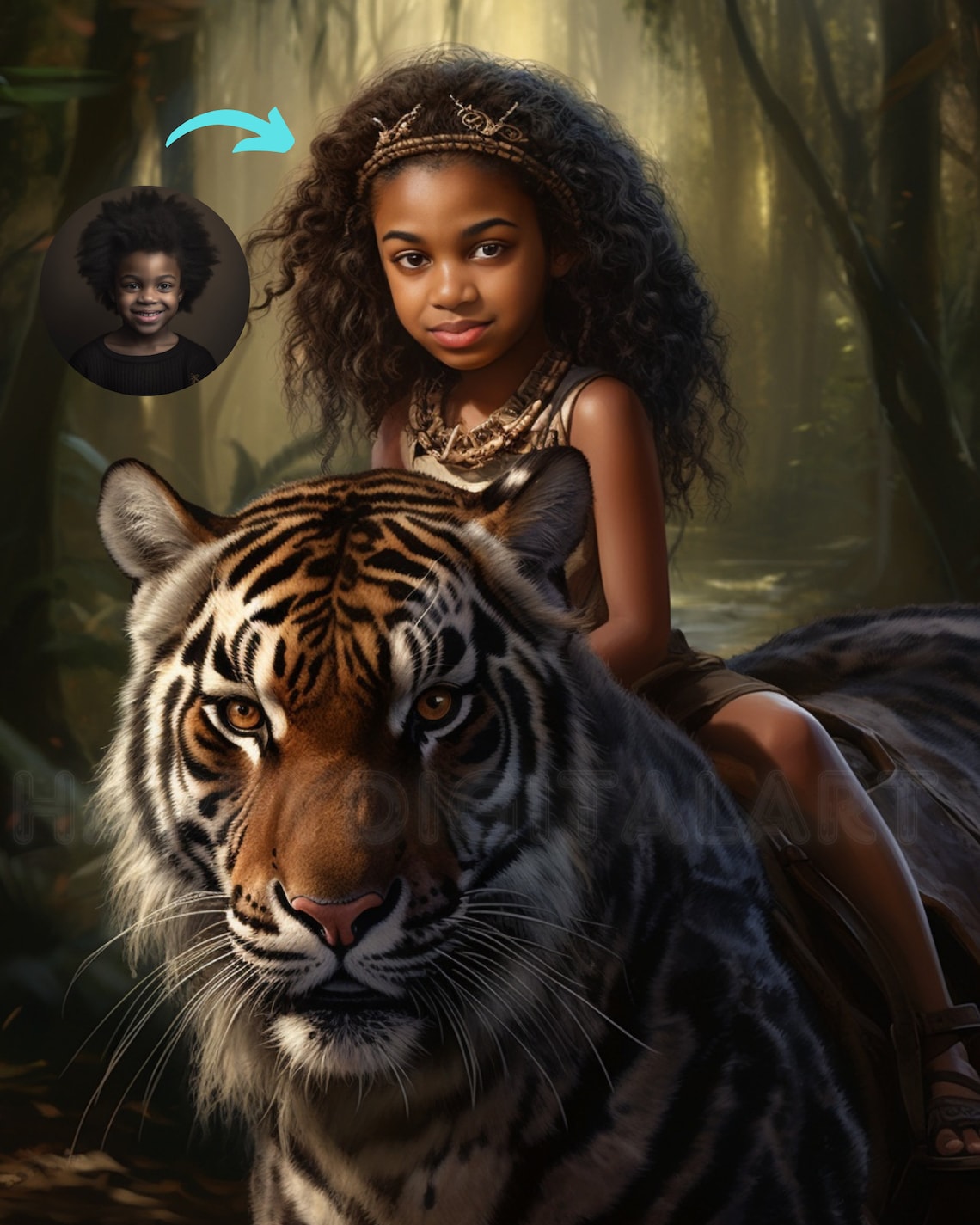Princess Riding Tiger Custom Princess Portrait for Black Girl Custom ...
