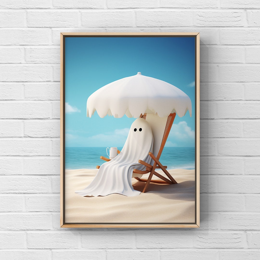 Thrifted Ghost on Beach Painting Cute Halloween Printable Art - Etsy
