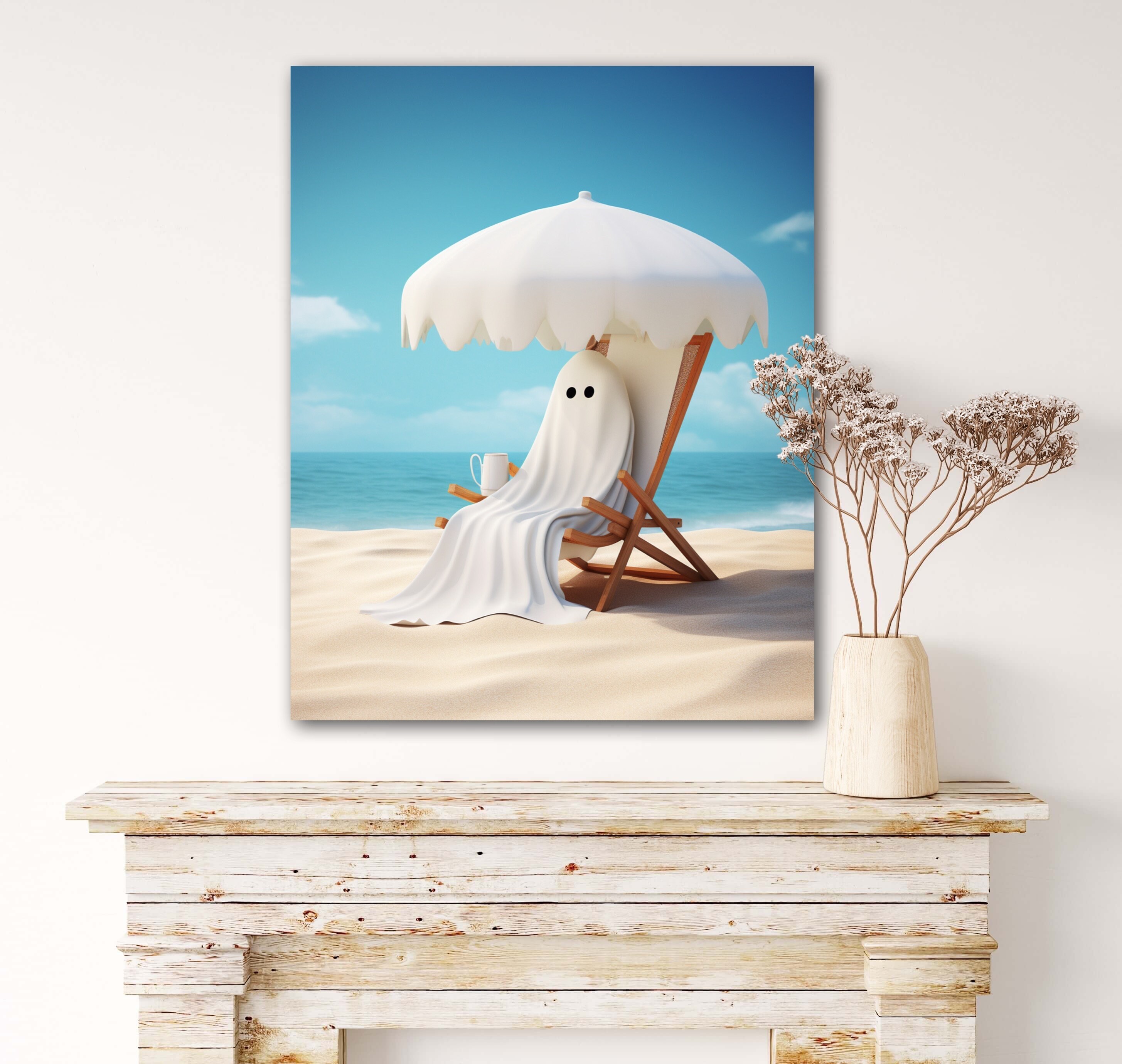 Thrifted Ghost on Beach Painting Cute Halloween Printable Art - Etsy