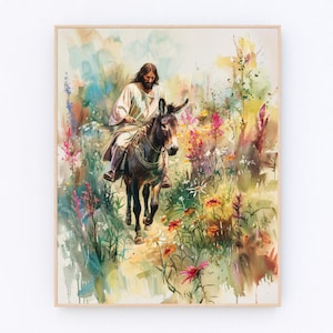 Jesus on a Donkey Painting Floral Jesus Painting Christian Digital Art ...
