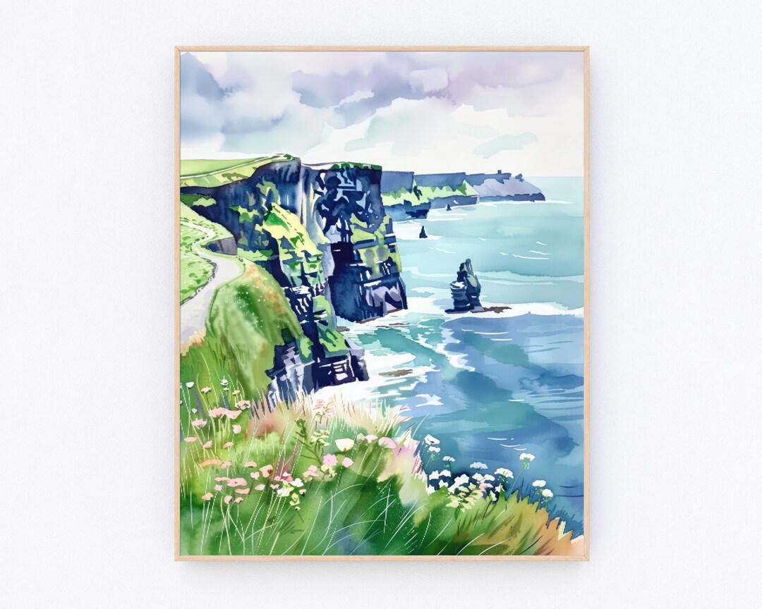 Cliffs of Moher Watercolor Painting Ireland Landscape Poster Europe ...