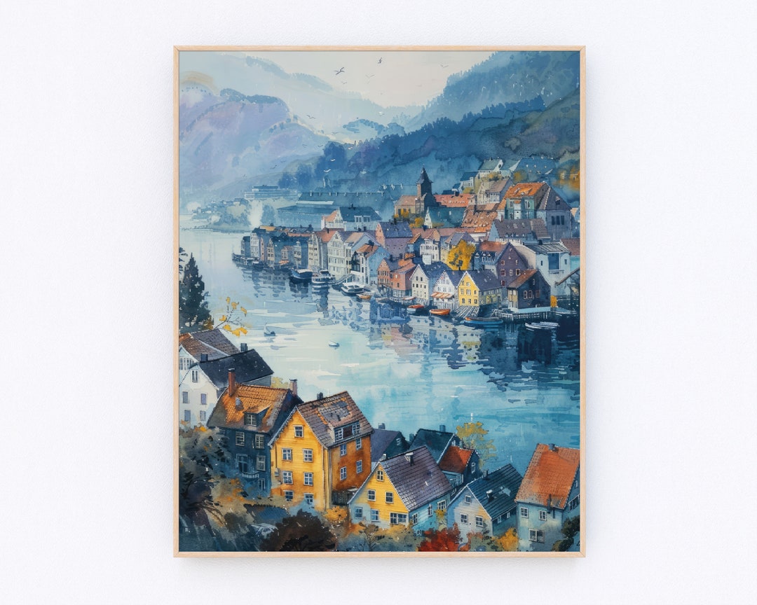 Bergen Scandinavian Landscape Poster Bergen Scandinavian Watercolor ...