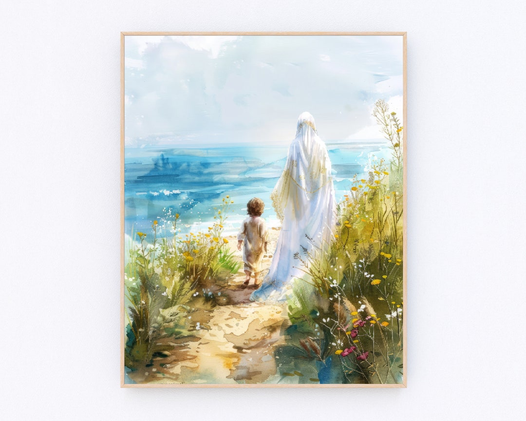Mother Mary and Jesus Walking in Beach Poster Blessed Virgin Mary ...
