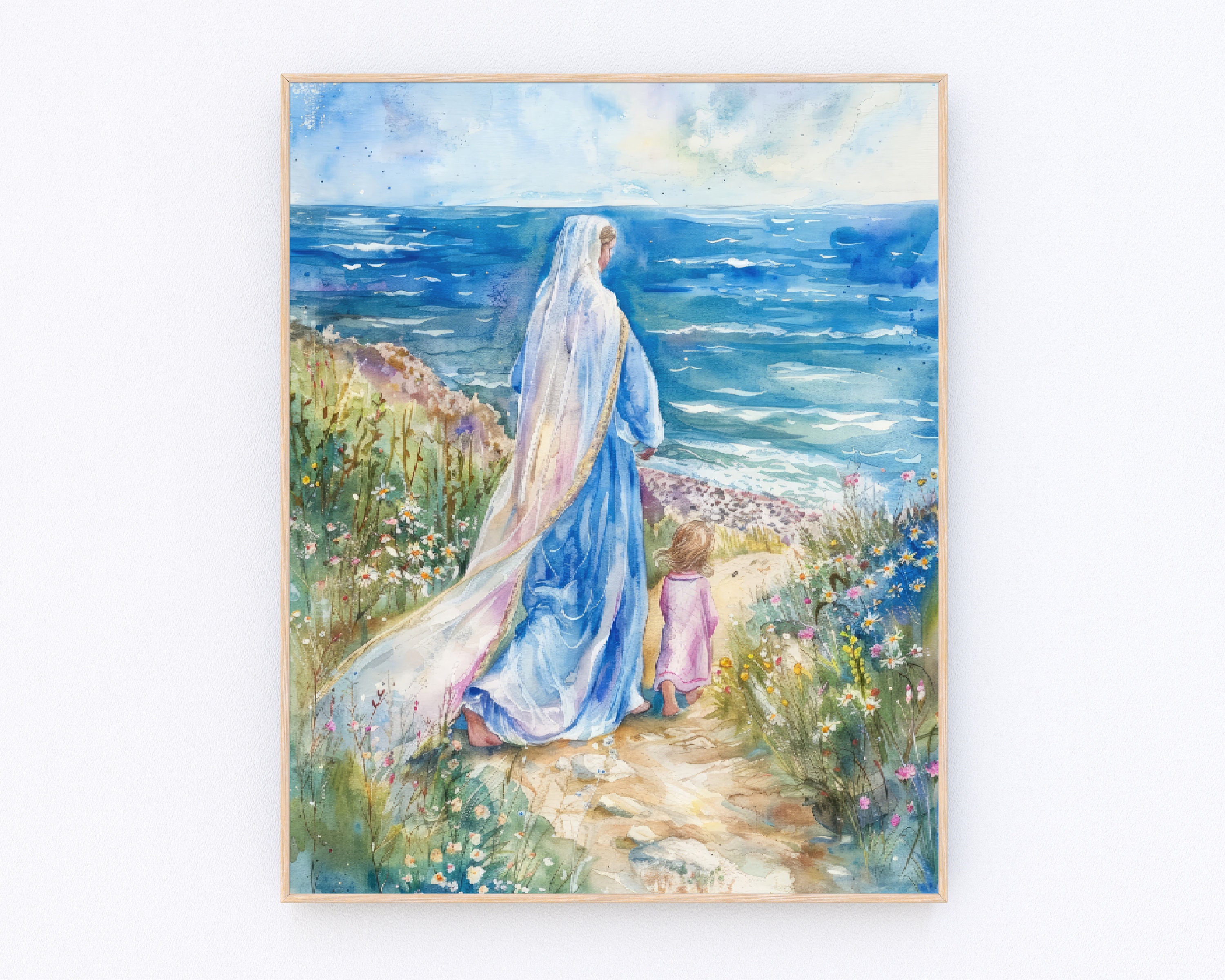 Mother Mary and Jesus Walking in Beach Poster Blessed Virgin Mary ...