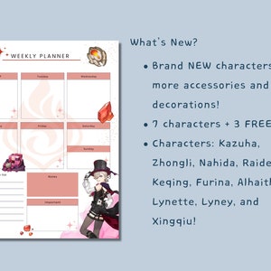 Genshin Impact Weekly Planner, Gifts, Digital, Kazuha, Zhongli, Nahida ...