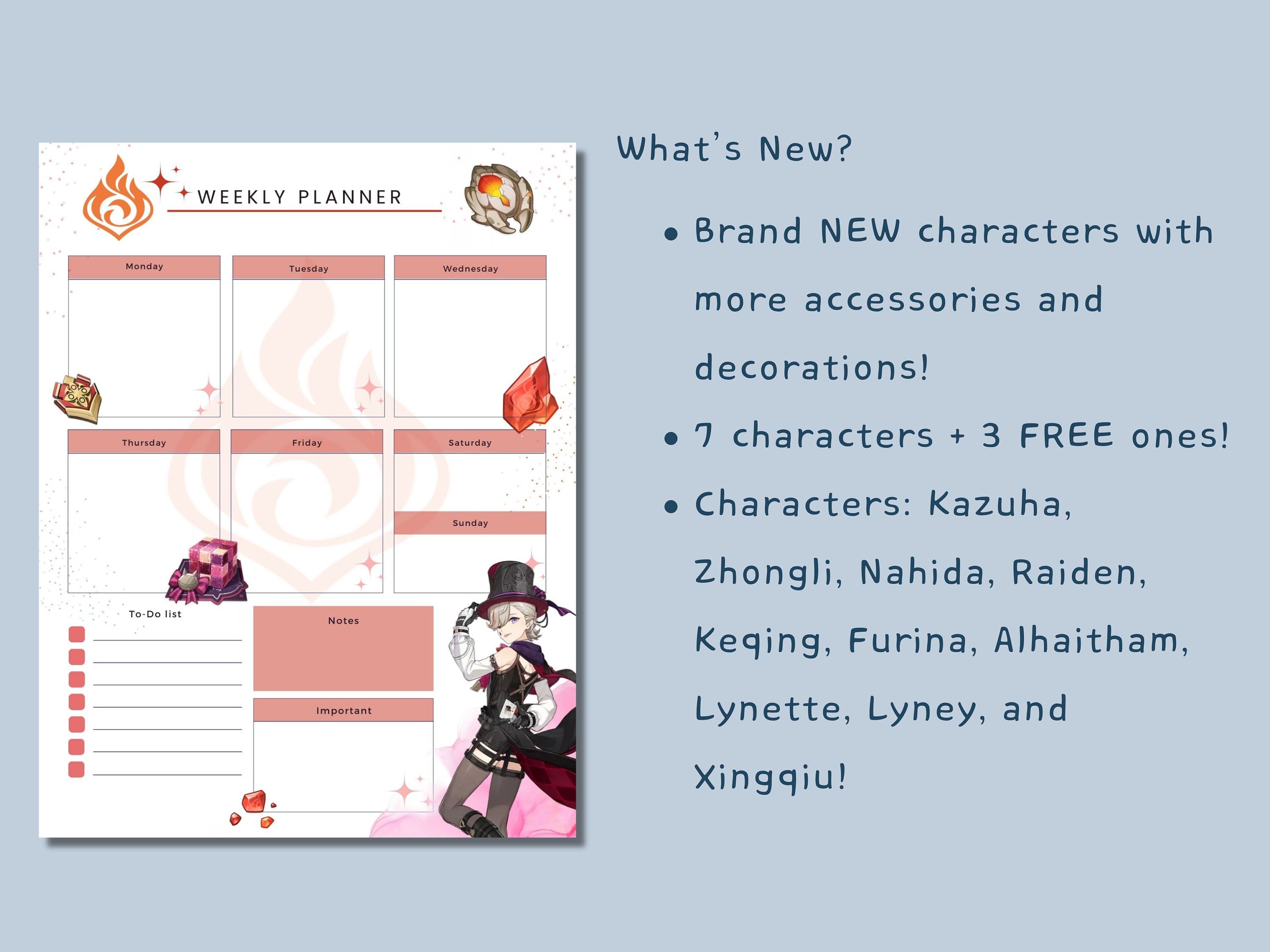 Genshin Impact Weekly Planner, Gifts, Digital, Kazuha, Zhongli, Nahida ...