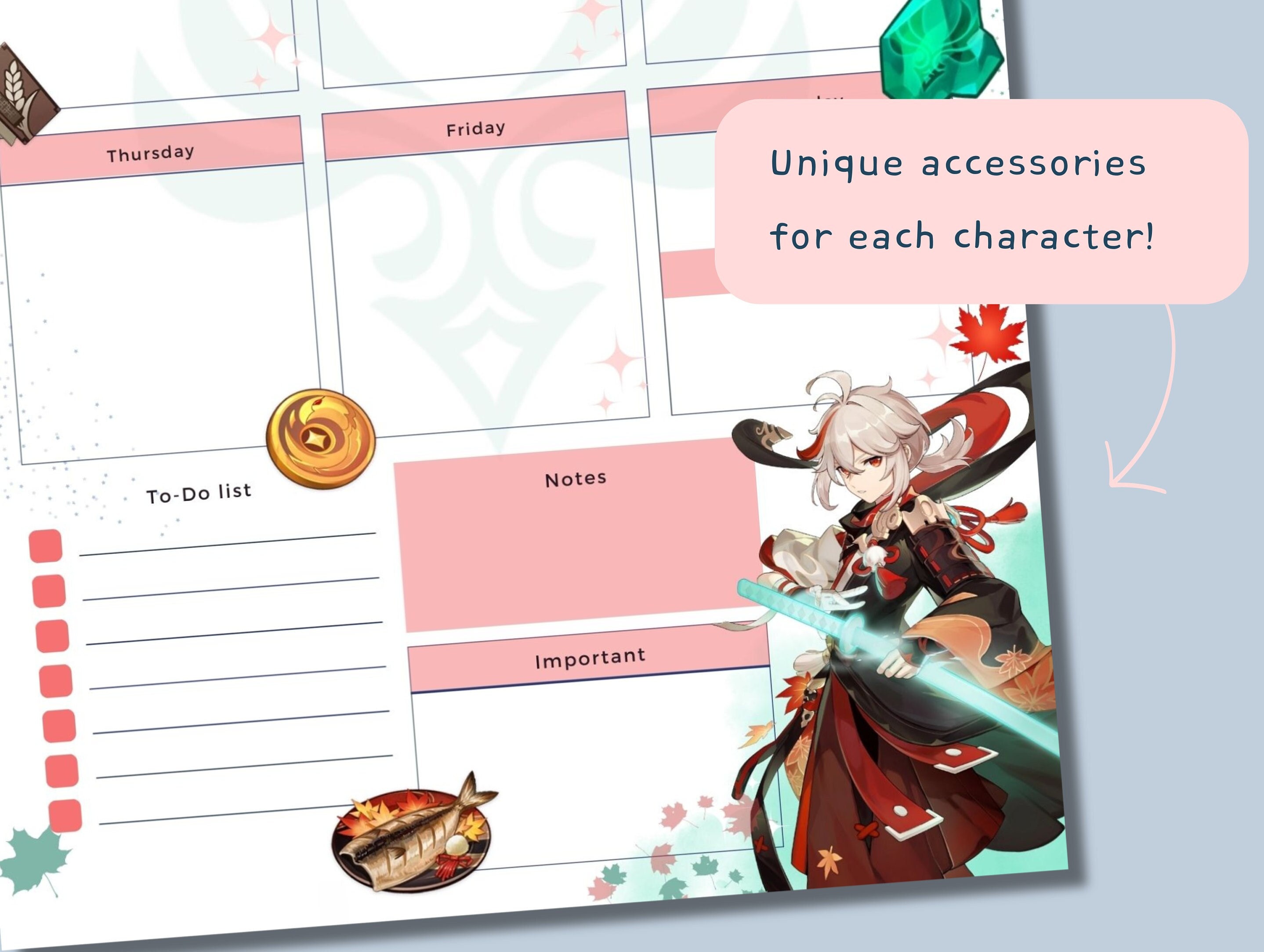 Genshin Impact Weekly Planner, Gifts, Digital, Kazuha, Zhongli, Nahida ...