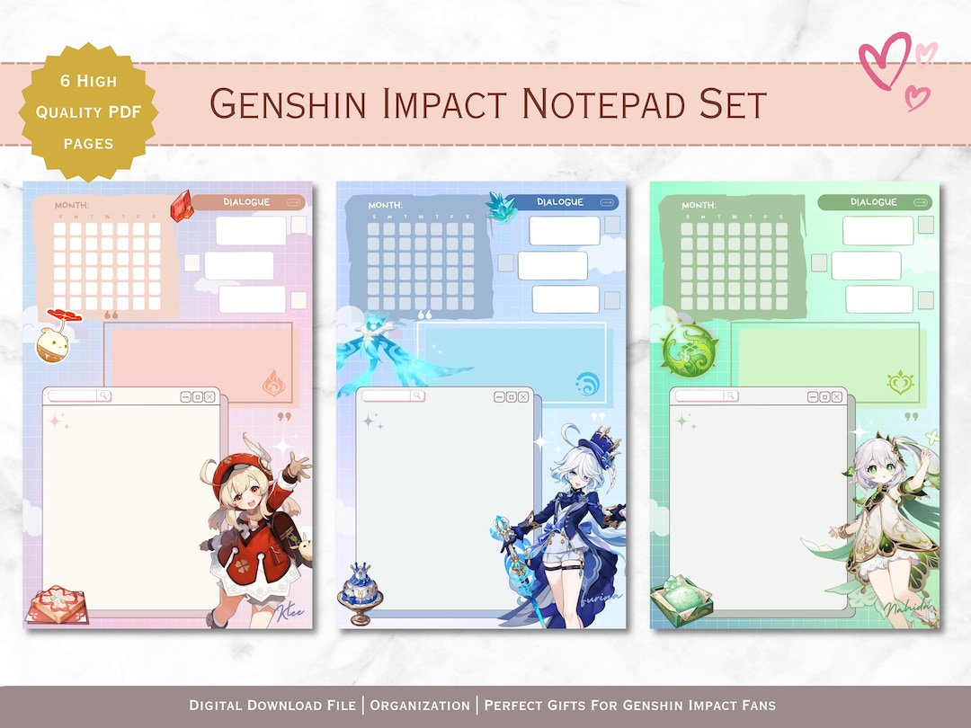 Genshin Impact Notepad Set, Digital Download, Klee, Furina, Nahida ...