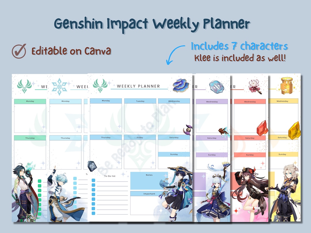 Editable/printable Genshin Impact Weekly Planner, Get Organized, Lettersize, A4, Digital, Set ...