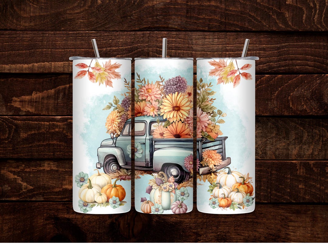 Autumn Farm Truck With Flowers and Pumpkins, Fall Tumbler Wrap, Autumn ...