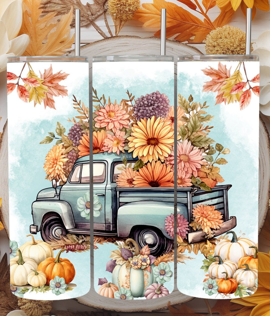 Autumn Farm Truck With Flowers and Pumpkins, Fall Tumbler Wrap, Autumn ...
