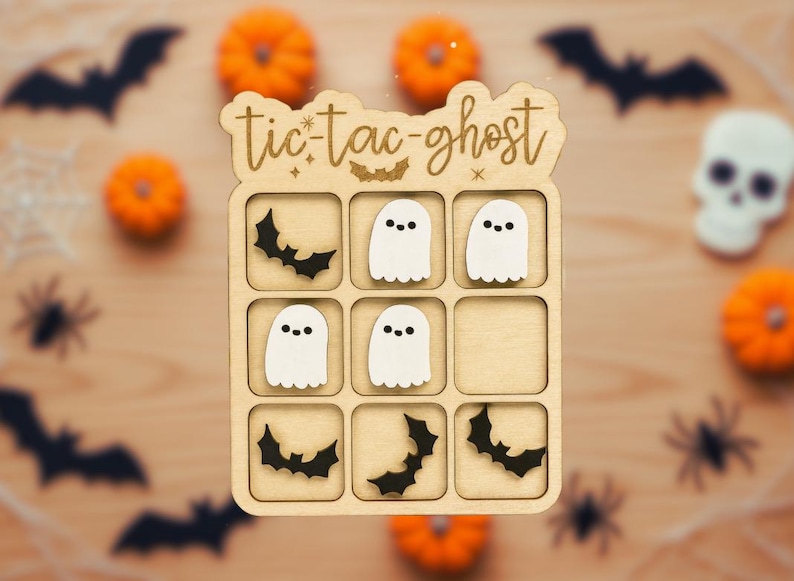 Laser Cut Halloween Tic Tac Toe Game SVG: Ghost, Bat & Pumpkin Icons ...