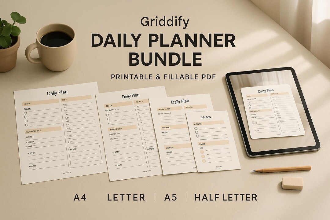 Printable & Fillable Daily Planner PDF – Griddify A4, A5, Letter, Half ...