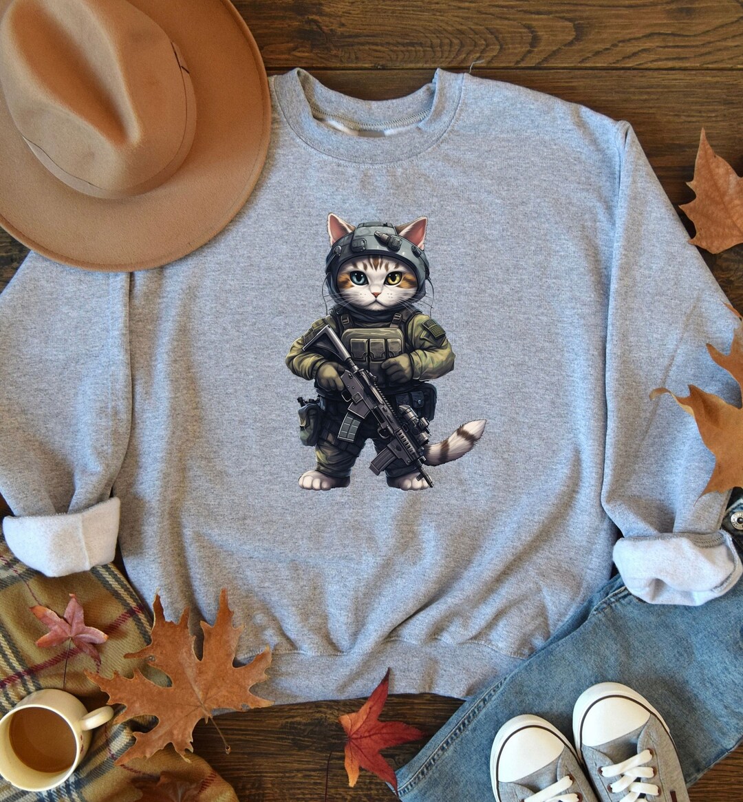 Cute Military Combat Cat Sweatshirt, Cat Dressed in Tactical Gear, Cat ...