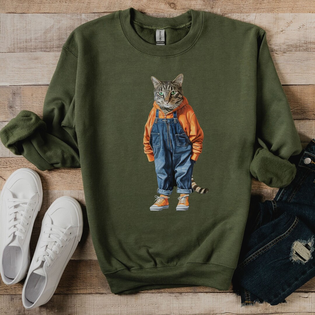 Cat in Cute Overalls Sweatshirt, Customization Optional, Your Cat ...