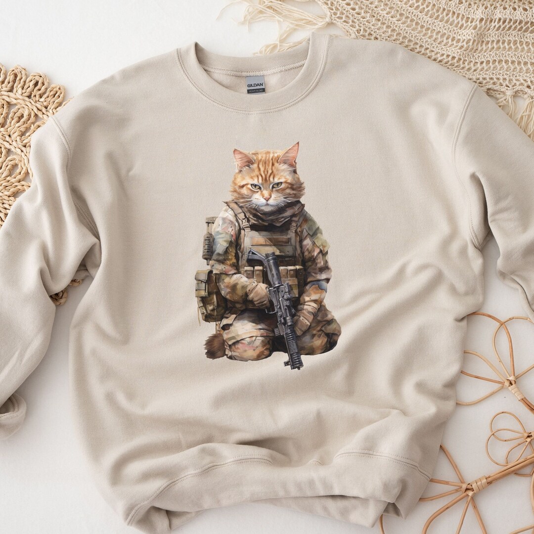 Military Combat Cat Sweatshirt, Cat Dressed in Tactical Gear, Cat Mom Gift, Gift for Cat Lovers ...