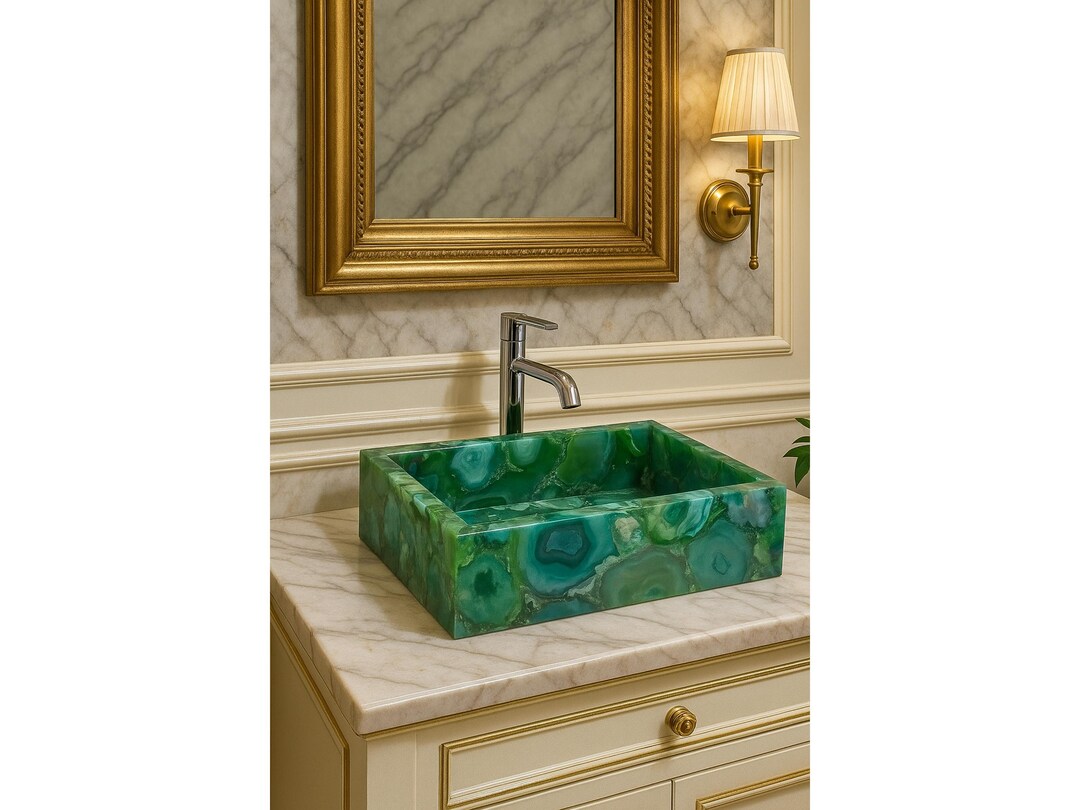 Agate Bathroom Sink – Rectangular Green Semi-precious Stone Basin | 15 ...