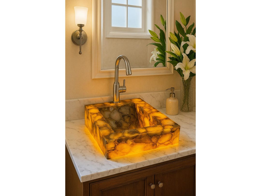 Golden Agate Backlit Sink | Trapezoid Gemstone Washbasin | Glowing ...