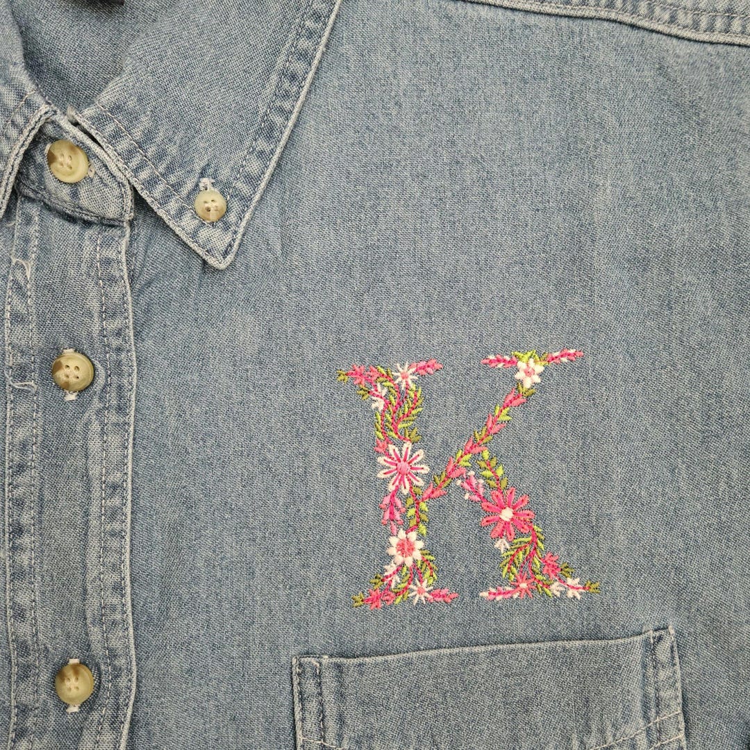 Personalized Floral Initial Embroidered Denim Shirt - Custom Monogram ...