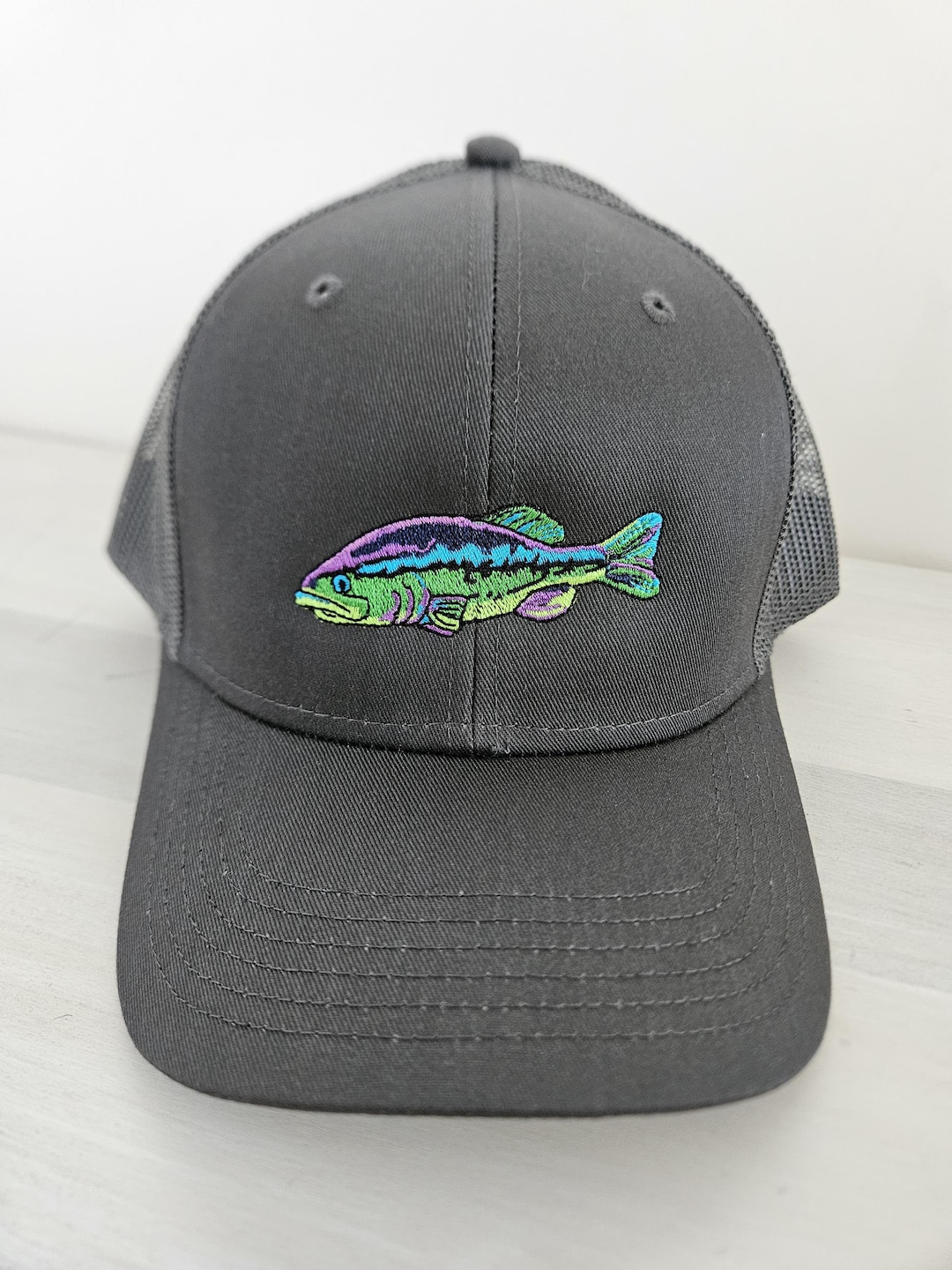 Embroidered Largemouth Bass Fishing Trucker Hat - Snapback Mesh Cap for ...