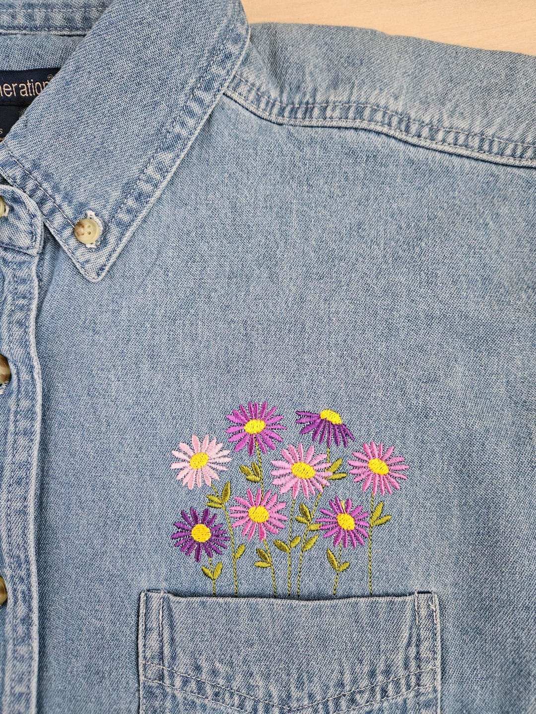 Personalized Daisy Embroidered Denim Blouse - Customizable Color ...