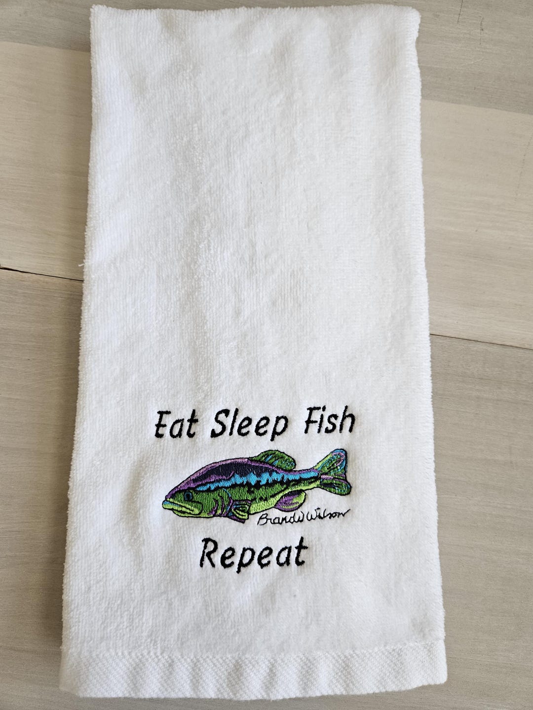Eat Sleep Fish Repeat Bass Fish Hand Towel. Machine Embroidered Custom ...