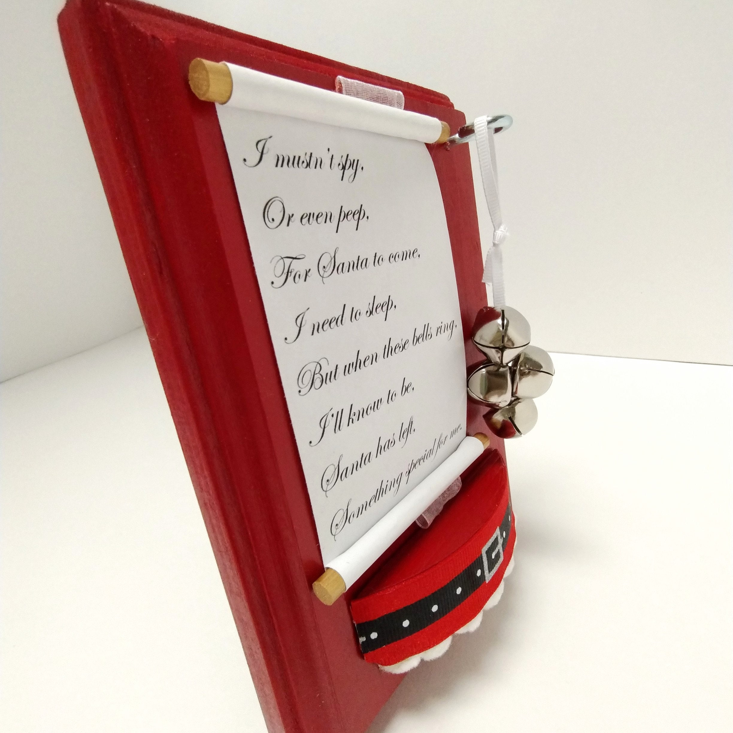 Red 5x7 Santa Plaque / Stand, W/ Bells & Belt, Real Wood, Handmade ...